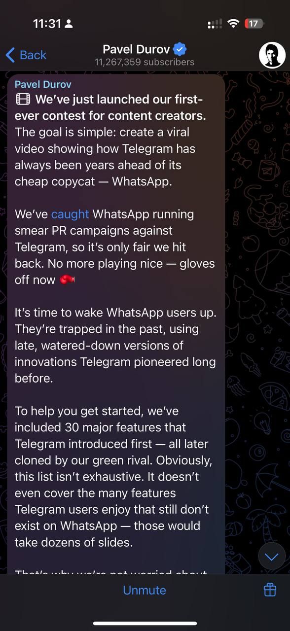 Telegram Is Offering $50,000 for the Best WhatsApp Roast